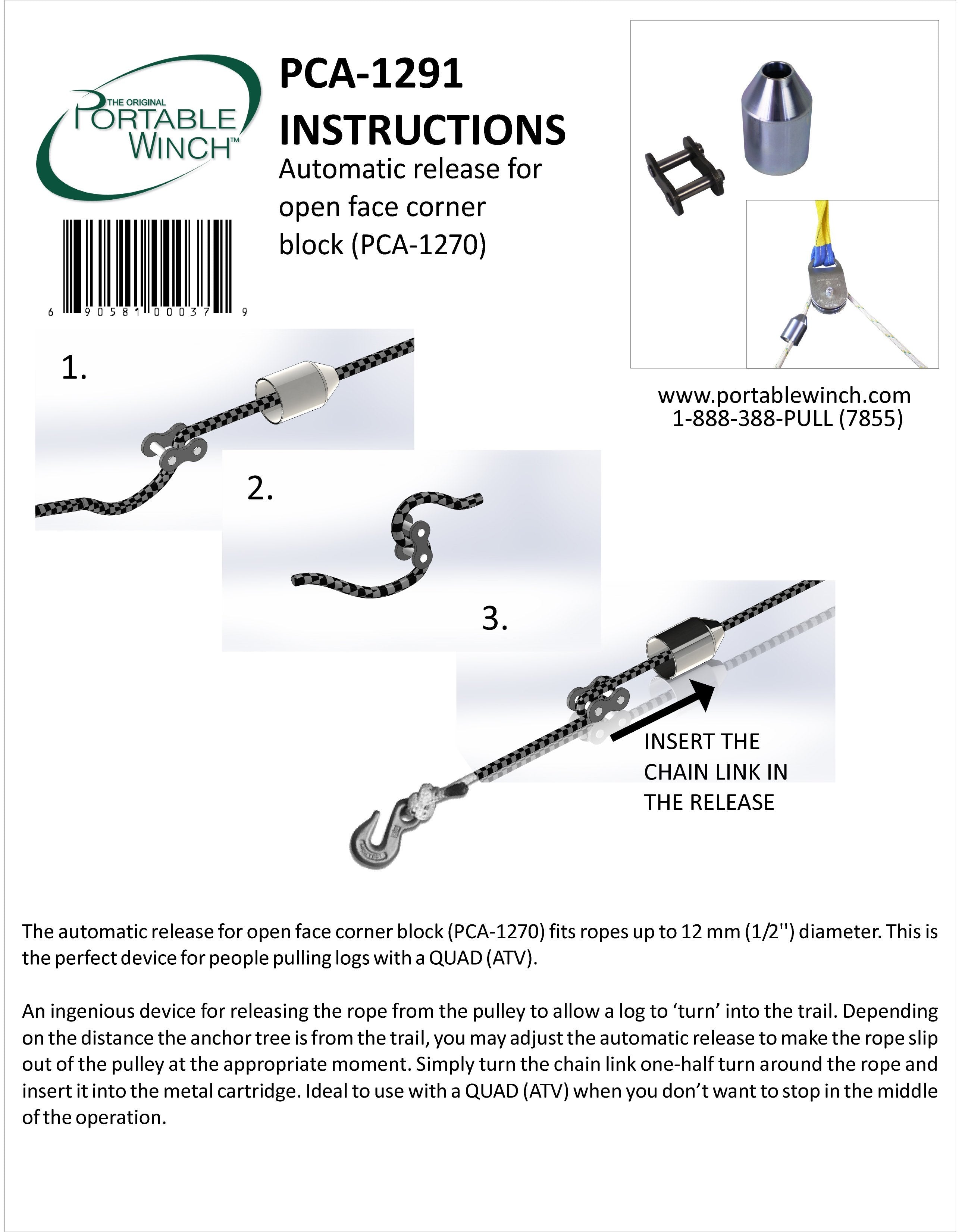 PCA-1291 - AUTOMATIC RELEASE FOR OPEN FACE CORNER BLOCK INSTRUCTIONS – Portable Winch FR